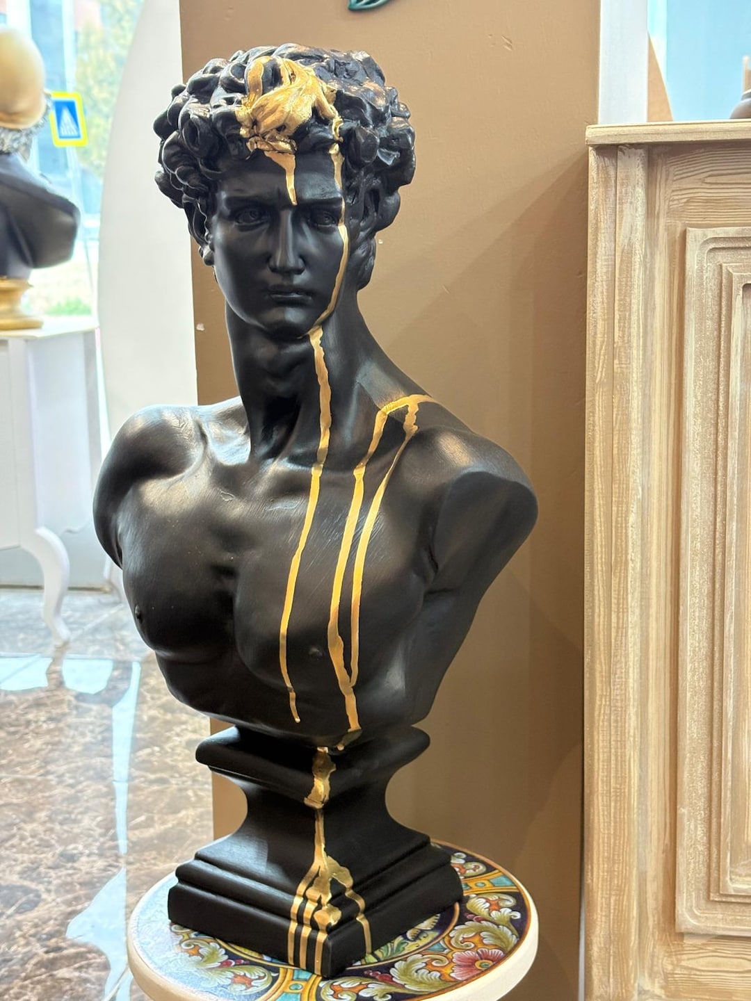 Large David Sculpture Statue, Davit Bust Statue, Black Sculpture Gold ...