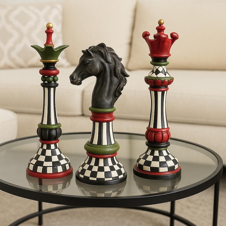 Colorful Chess Figurine Set: King, Queen & Knight Statue Home Decor ...