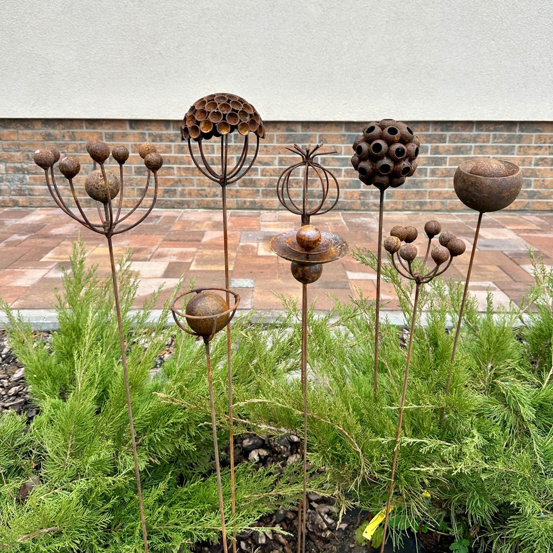 Set of 8 Rustic Metal Flower Sculptures – Handmade Garden Stakes ...