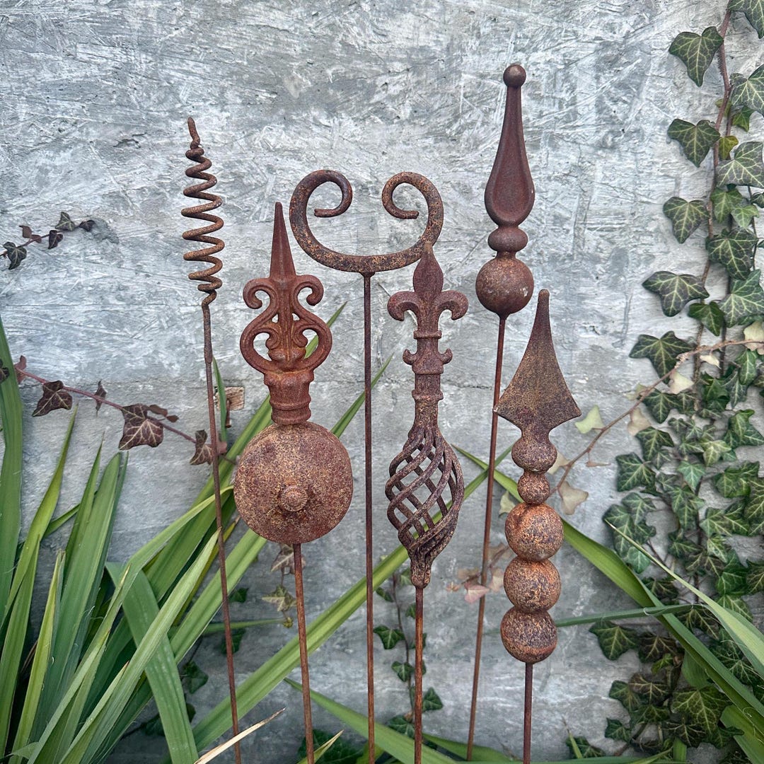 Set of 6 Rustic Metal Garden Stakes - Rusty Peaks, Unique Garden Art ...