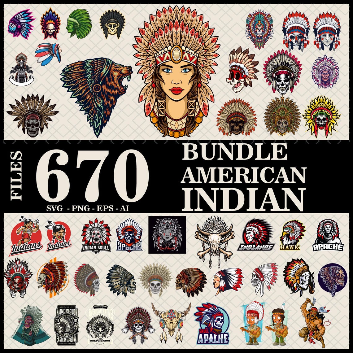 670 Files Native American Mega Bundle | Tribal Chief PNG | Indian Skull ...