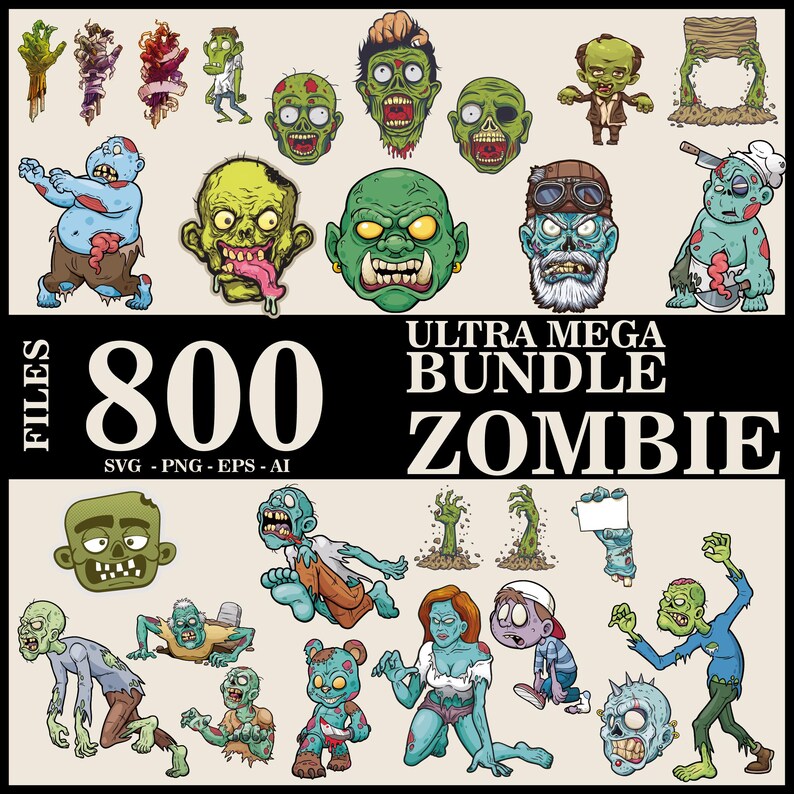 800 Files Zombie Clipart Bundle | Horror Png | Zombie Head Svg | Halloween Digital Art | Scary ...