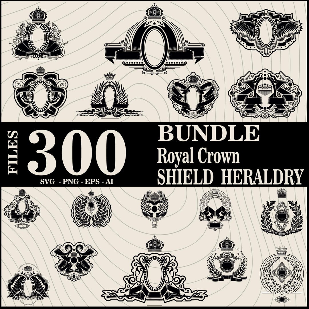 300 Files Royal Crown Mega Bundle | Heraldic Shield Clipart | Vintage ...