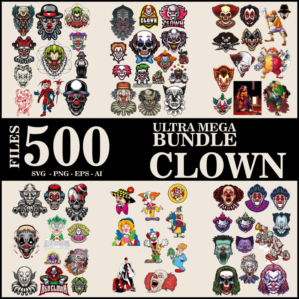 500 Files Circus Clown Mega Bundle | Happy Clown Svg | Funny Clowns Svg ...