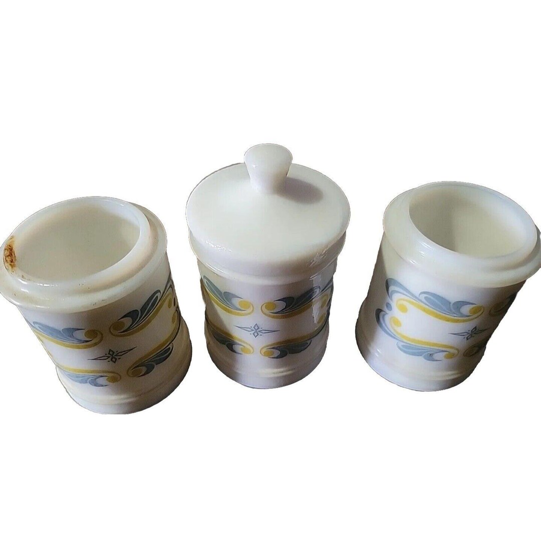 3 Merck & Co Apothecary Medicine Milk Glass Jars Blue Yellow Scroll ...