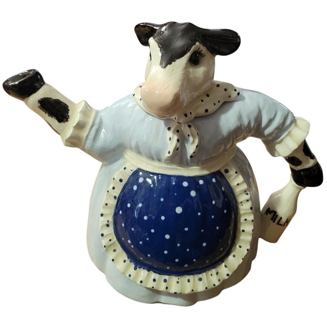 Ceramic Mama Cow Teapot With Polka Dot Apron Kerchief Hoof Handle 7x9 ...