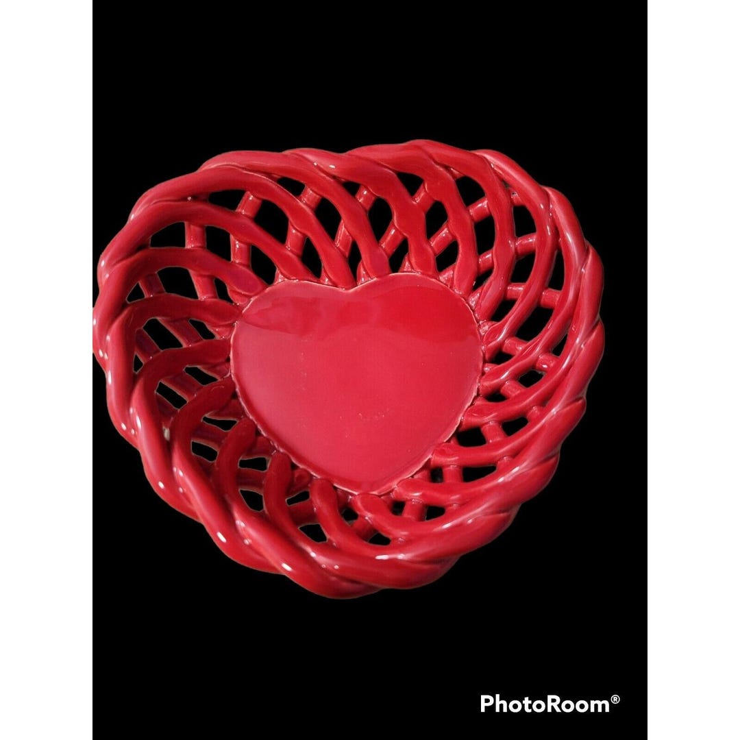 Grace's Pantry Hand Woven Clay Strips Crimson Red Ceramic Heart Basket ...