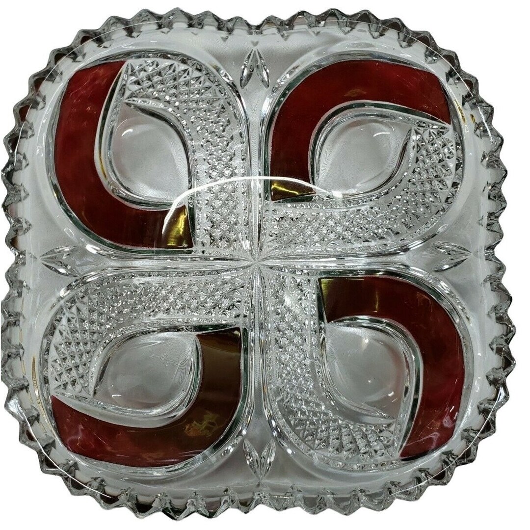 Vintage Ruby Flash Diamond Point Pressed Glass 7in Square Serving Bowl ...