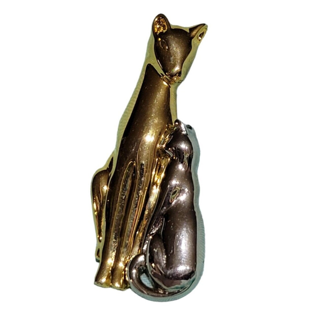 Two Cats Mother Child Brooch Pin Goldtone Silvertone Metal Vintage 2x1 ...