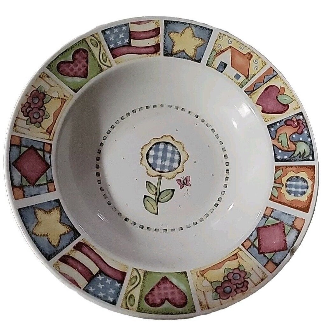 2pc Gibson Patchwork Quilt 9in Soup Pasta Bowls Sunflower Americana ...