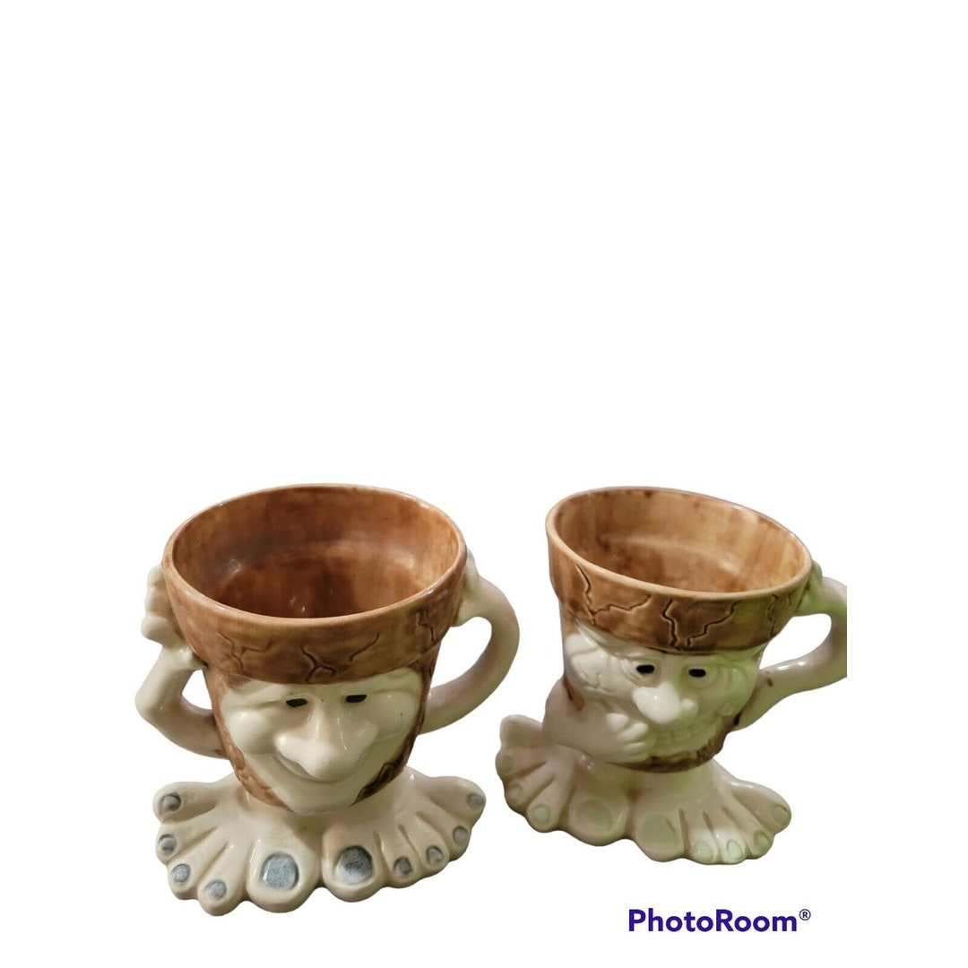 2 Waddle Pots Crackpot Thinker Ceramic Mug Planter Novelty Faces Feet ...