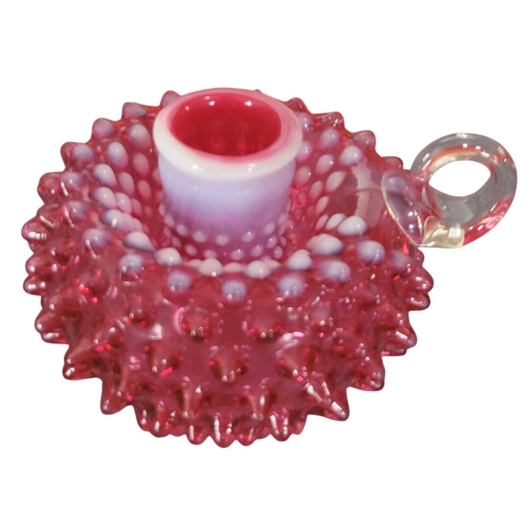 Fenton Cranberry Opalescent Hobnail Glass Candle Holder Finger Loop ...