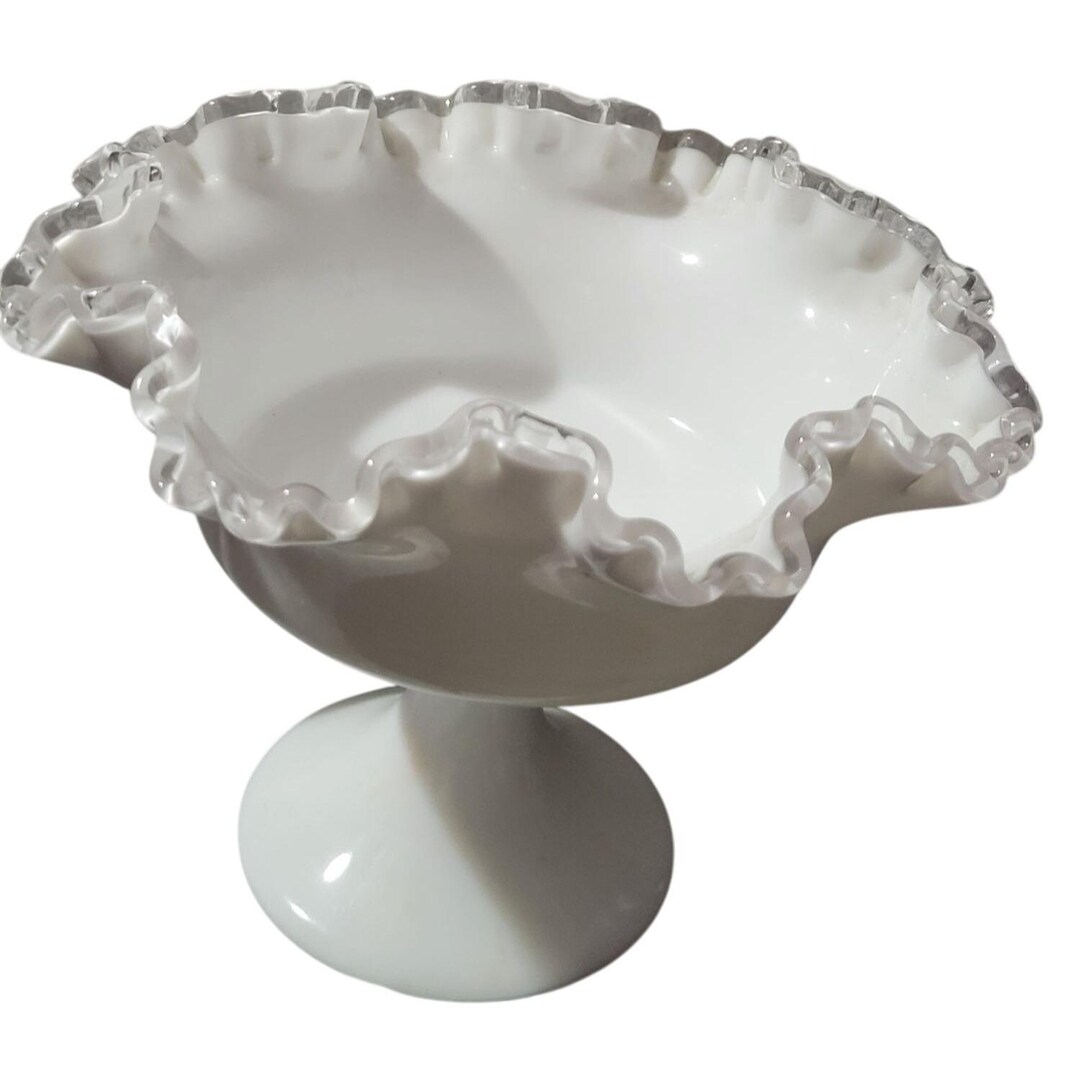 Fenton White Milk Glass Silver Crest Lace Ruffled Edge Pedestal Bowl ...