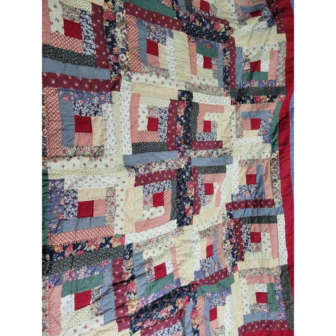 Handmade Patchwork Quilt Classic Log Cabin Pattern Red Denim Multicolor ...