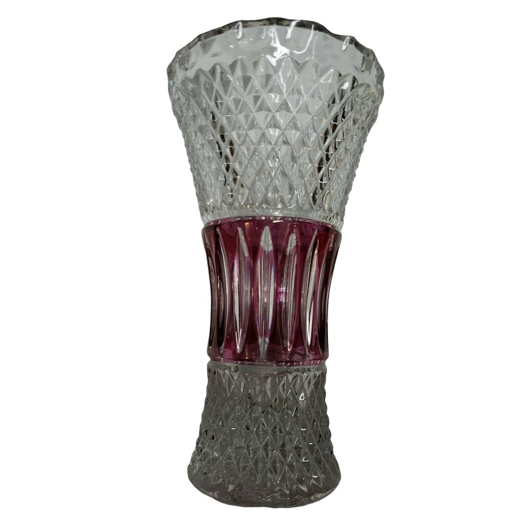 Vintage Enesco Diamond Point Ruby Flash Lead Crystal Pressed Glass Vase ...