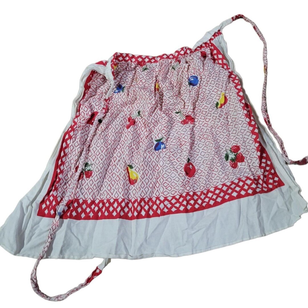 Half Apron Red White Geometric Print Fruits White Border Vtg Grannycore ...