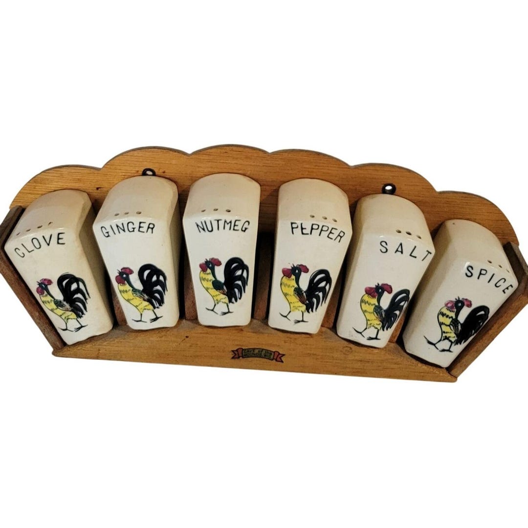 Vintage MCM Wood Spice Rack 6 Hand Painted Ceramic Shakers Rooster ...