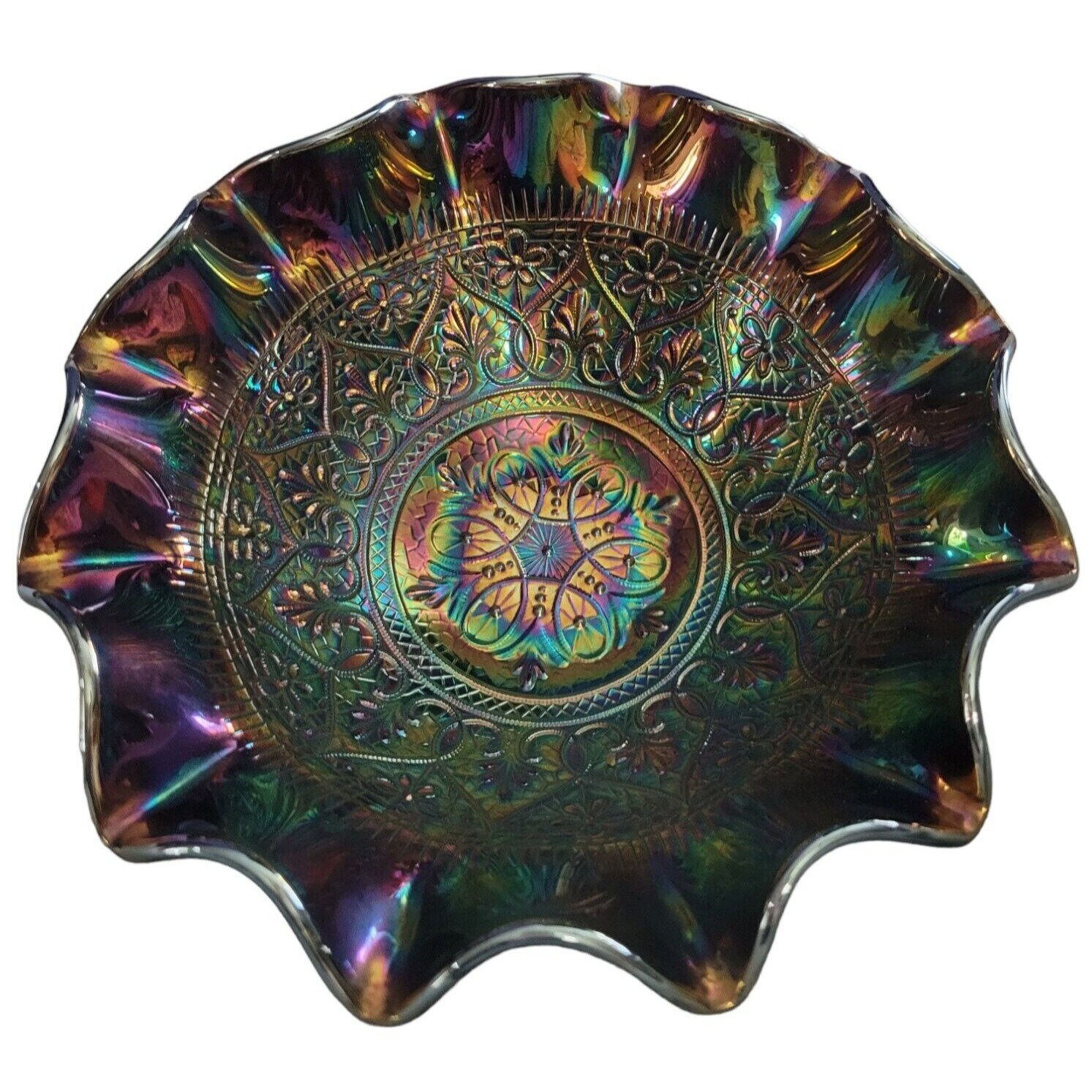 Fenton Dark Carnival Glass 10in Pedestal Bowl Hearts Flowers Iridescent ...