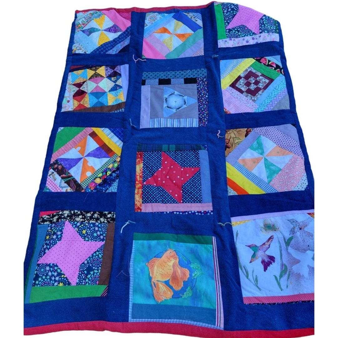 Handmade Crazy Quilt With 4 Point Stars Patchwork Blocks Heavy Blanket ...