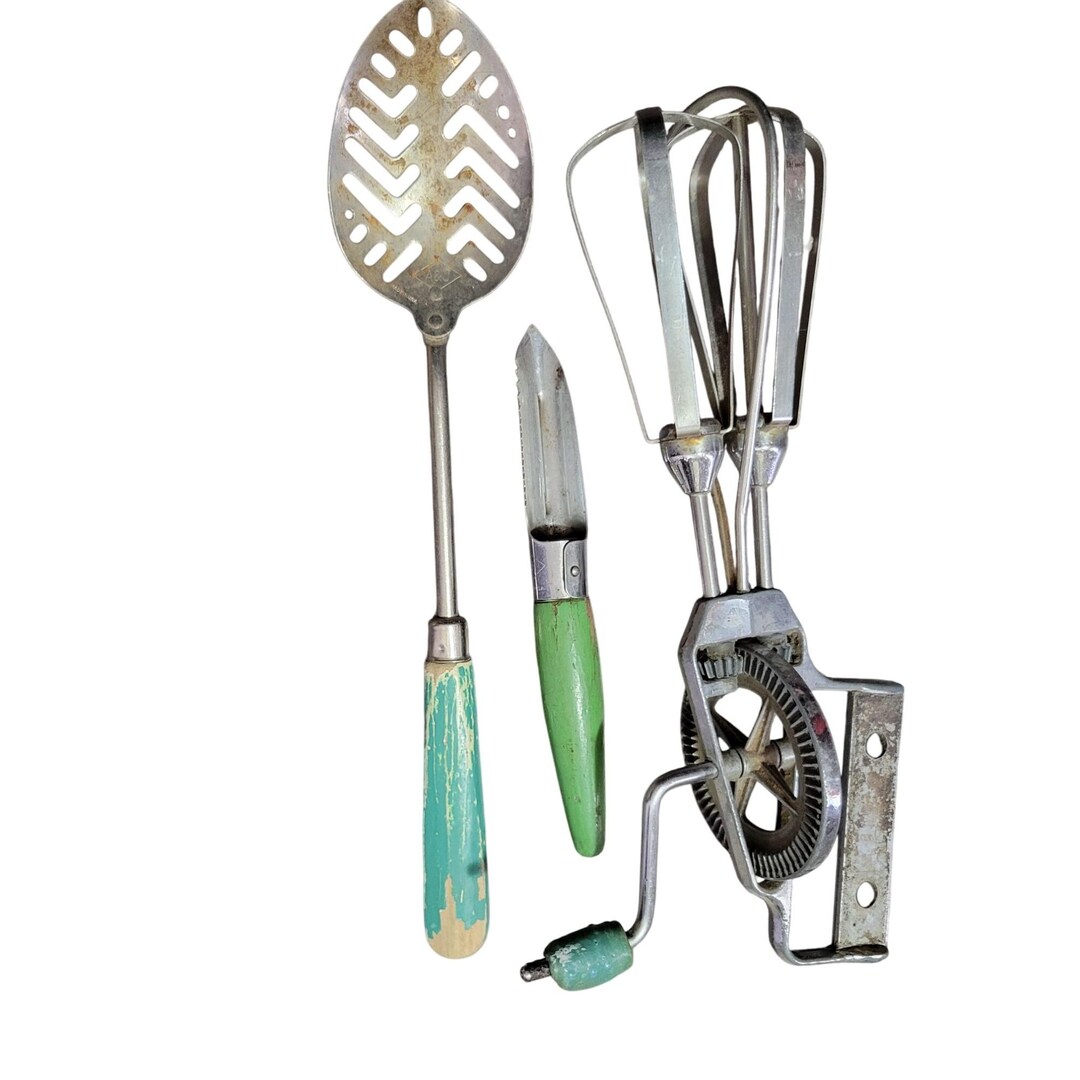 Vintage Kitchen Utensils Hand Mixer Slotted Spoon Peeler Green Handles ...