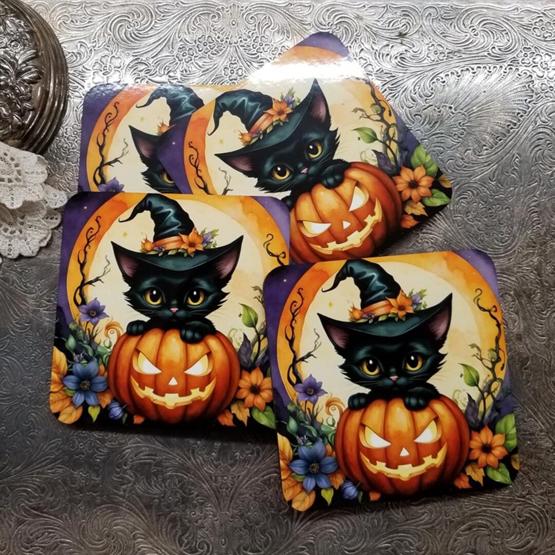 4 Halloween Coasters, Halloween Kitty Coasters, Cat Coasters - Etsy