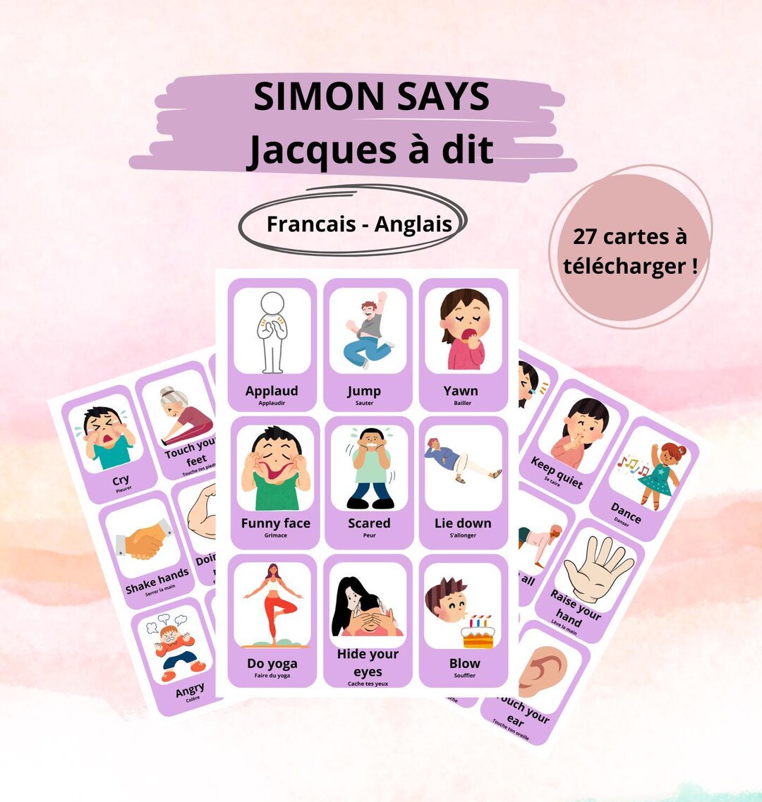 Simon Says, Jacques à Dit, Card Game, French-english Children's Game - Etsy