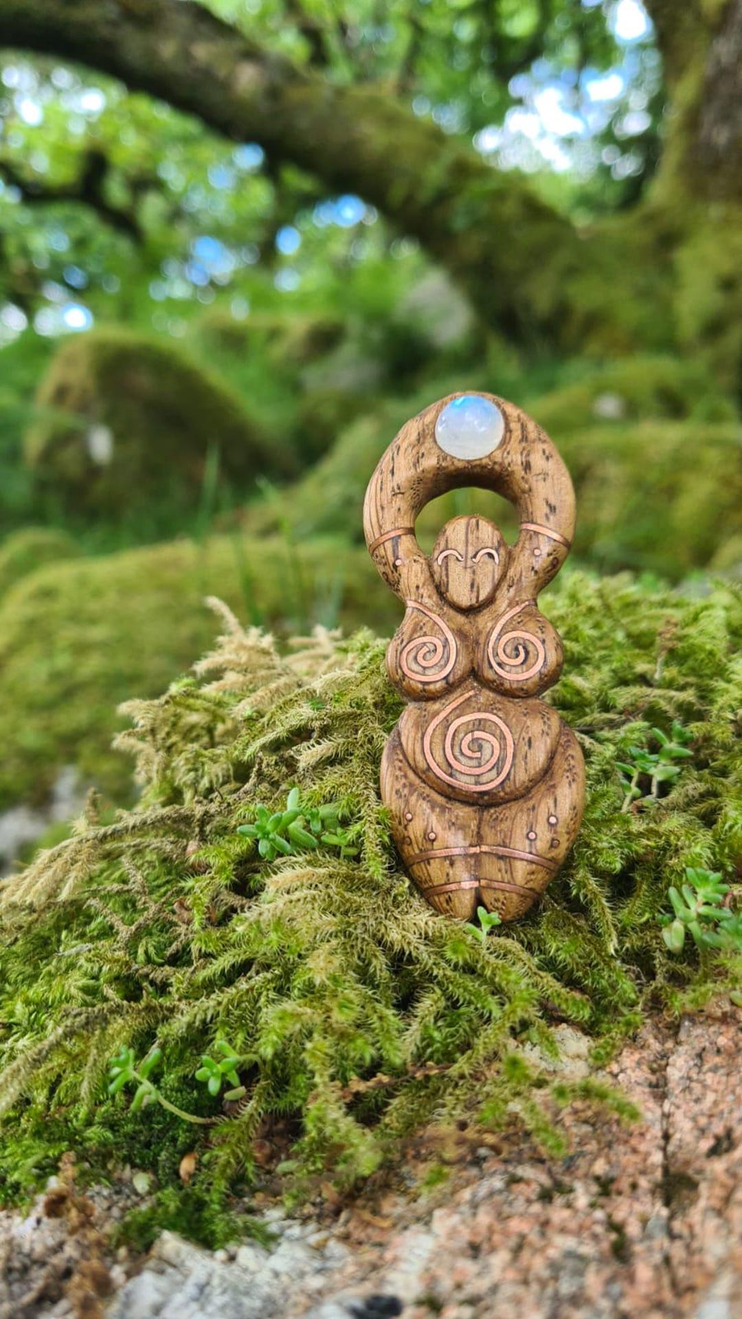 Hand-carved Walnut Goddess Pendant With Copper Spirals and Moonstone ...