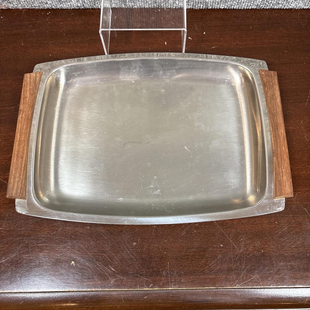 Vintage MCM Tray 18-8 Stainless Steel Teak Wood Handle KH Design Hong ...