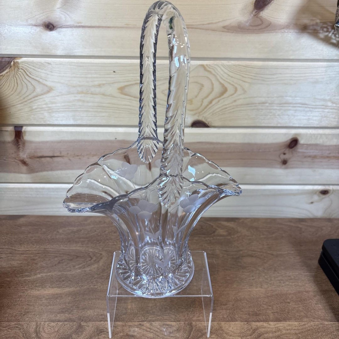 Vtg~duncan Miller Wedding Basket 12" Clear Glass Vase Handle Etched ...