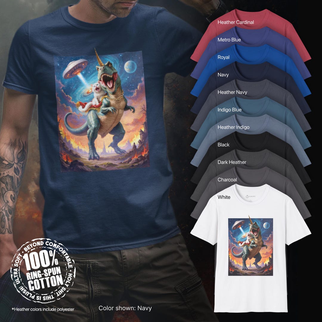 Men's Funny Cat Riding a Dinosaur T-rex Graphic T-shirt, Unicorn ...