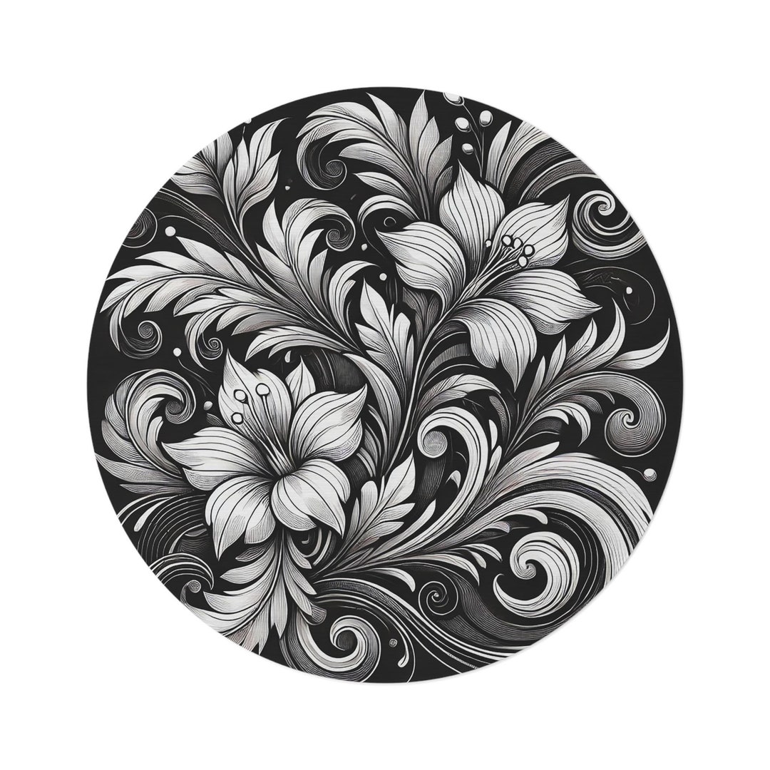 Black and White Abstract Floral Area Rug, Round, Modern Home Decor ...