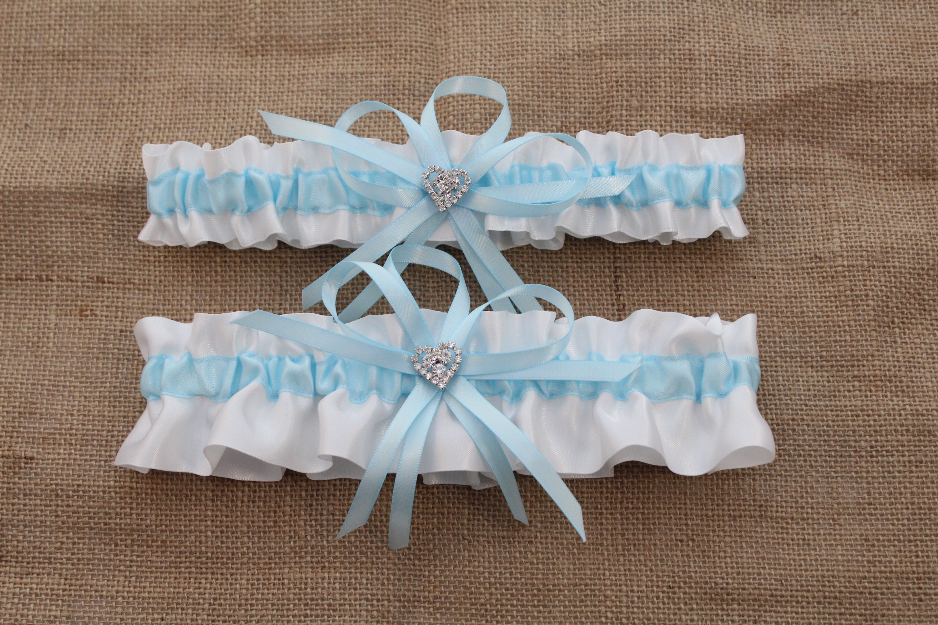 White and Light Blue Satin Wedding Garter Set With Rhinestone Hearts - Etsy