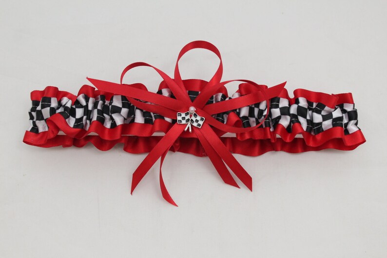 Red Satin Wedding Garter Set With Checkered Flag Deco - Etsy