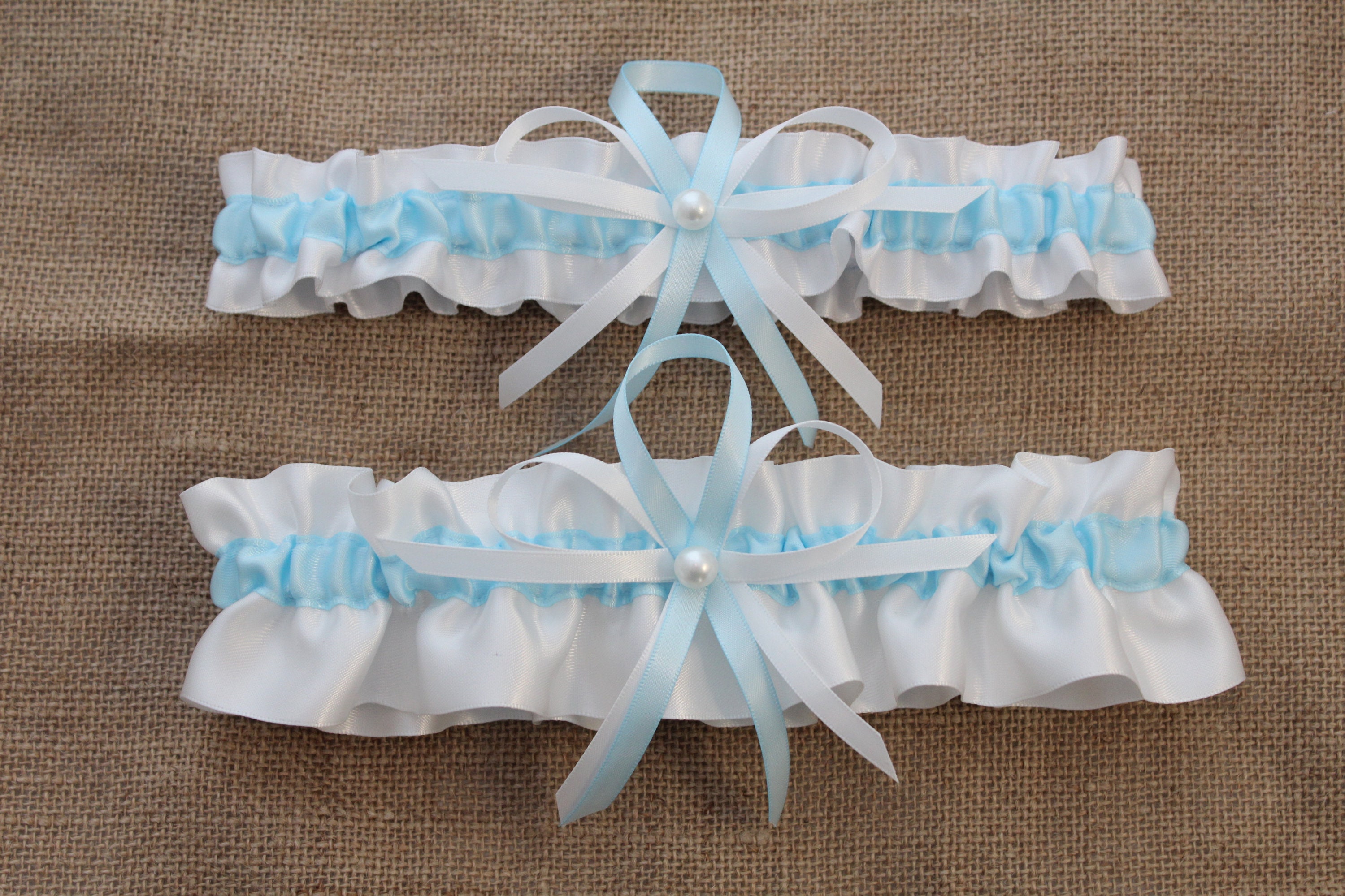 White and Light Blue Satin Wedding Garter Set, Bridal Garters, Prom ...