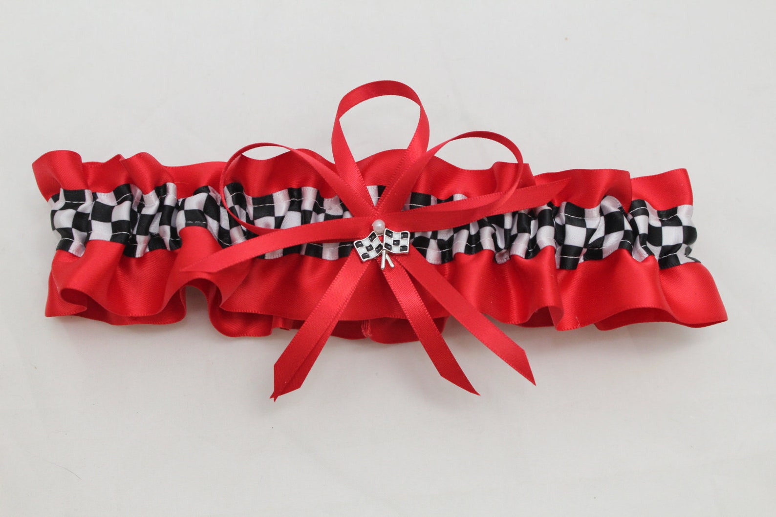 Red Satin Wedding Garter Set With Checkered Flag Deco - Etsy
