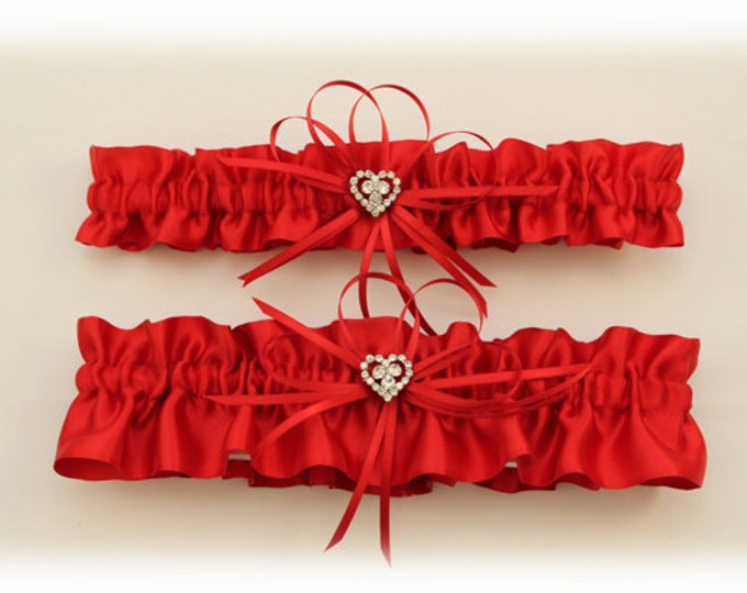 Red Satin Wedding Garter Set With Rhinestone Heart Charms, Bridal ...