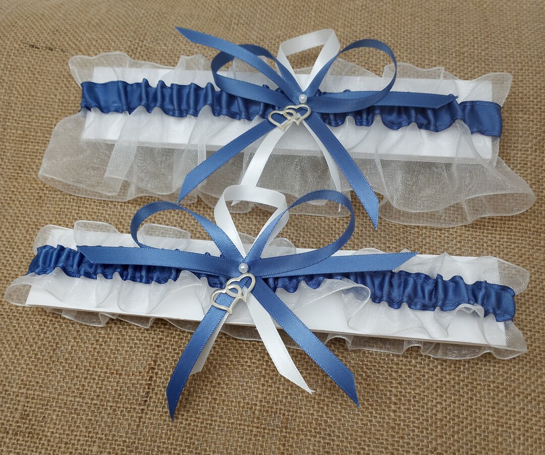 White Sheer Garter Set With Slate Blue Center, Double Heart Charms ...