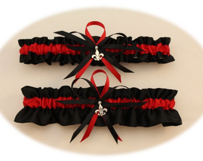 Black and Red Wedding Garter Set With Fleur De Lis Charms - Etsy