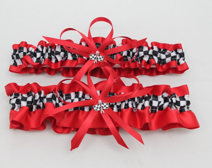 Red Satin Wedding Garter Set With Checkered Flag Deco - Etsy