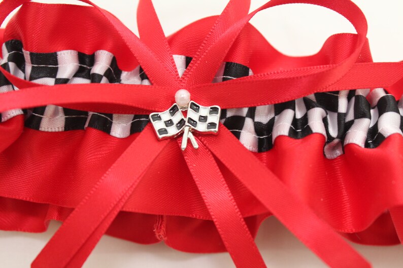 Red Satin Wedding Garter Set With Checkered Flag Deco - Etsy