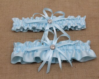 White and Light Blue Satin Wedding Garter Set Bridal Garters | Etsy