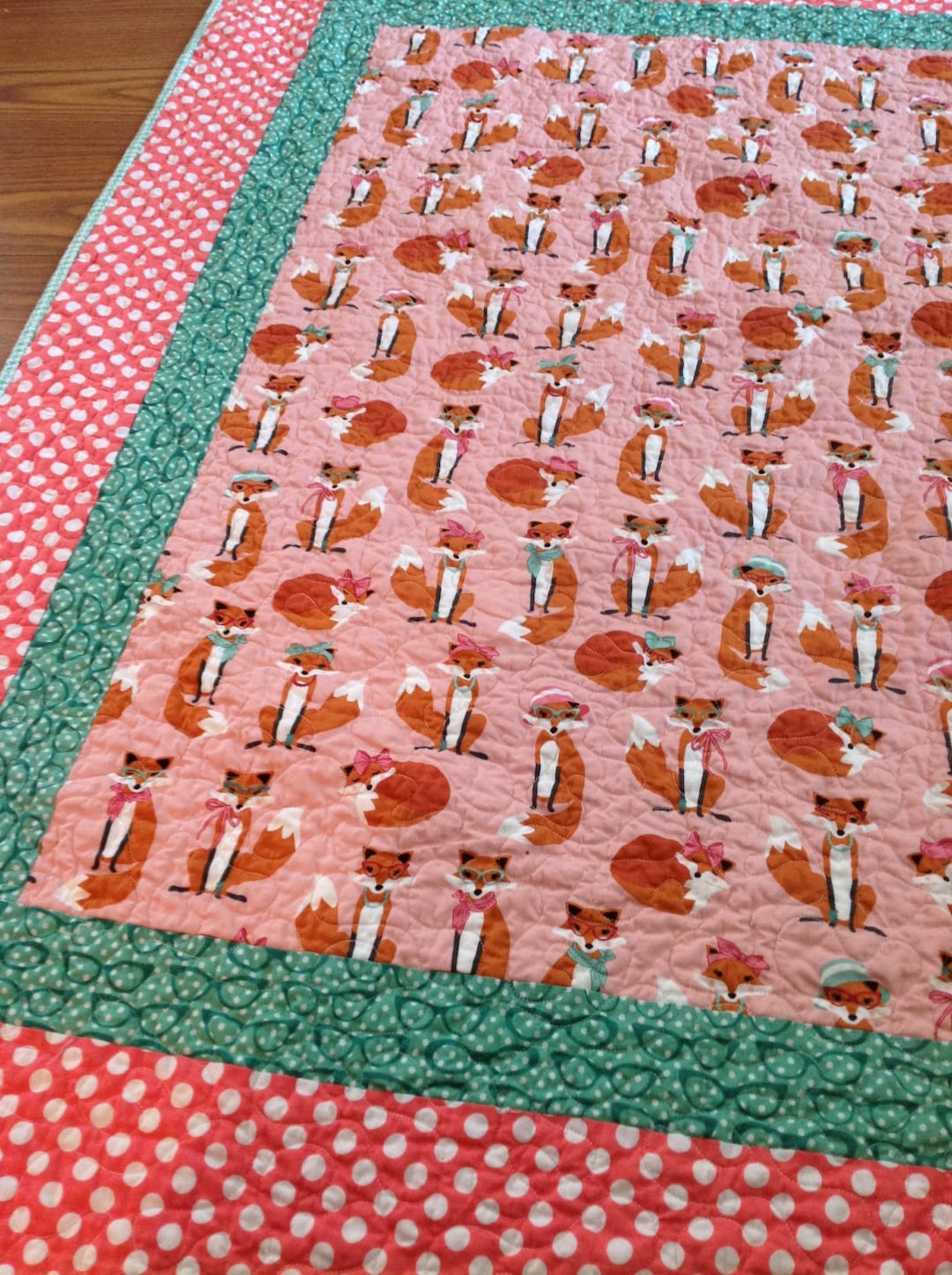 Fabulous Fox Baby Girl Crib Quilt -- Andie Hanna Foxes -- Pink, Aqua ...