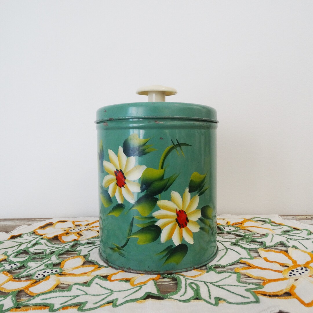 Vintage Tin - Retro Mint Green With White Flowers Metal Tin - Vintage ...