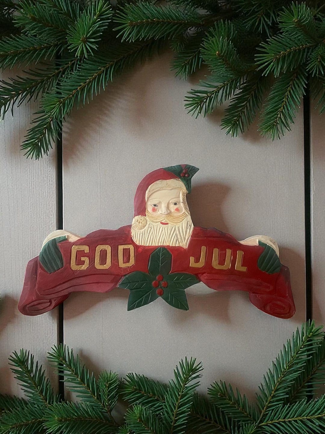 Large Vintage Swedish “god Jul” Wooden Wall Plaque – Hand-painted Santa ...
