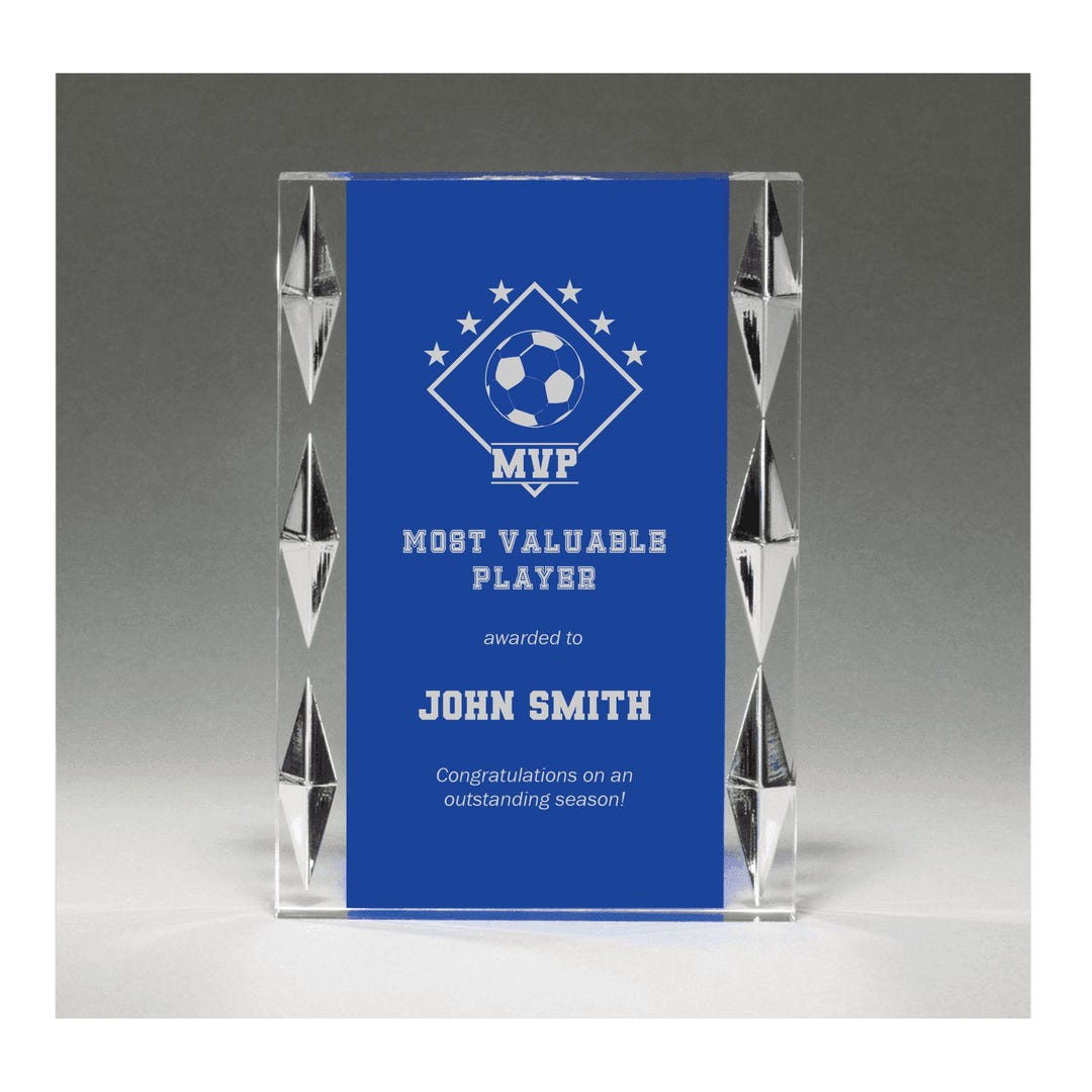 Custom Soccer MVP Award, Engraved Acrylic Trophy, Blue Diamond Accents ...