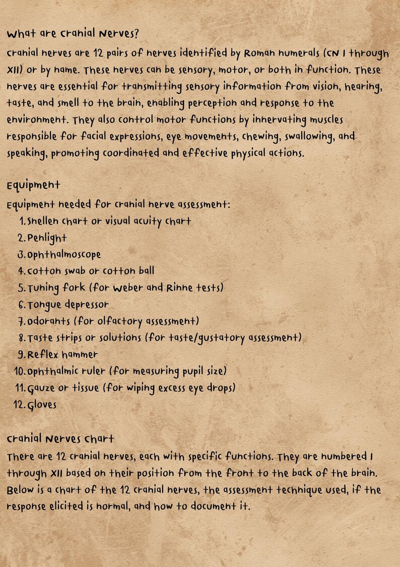 Cranial Nerves Assessment Chart and Cheat Sheet - Etsy