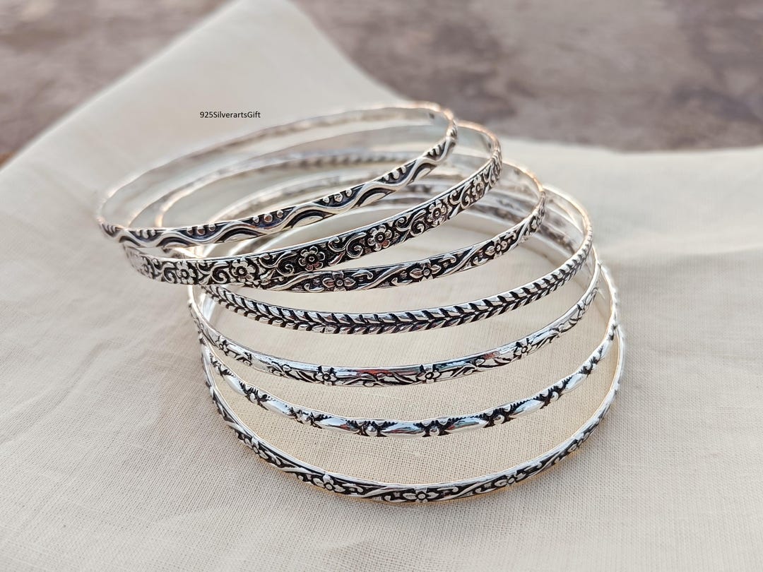 Handmade Sterling Silver Bangle Set: Floral Etched Bangles - Etsy