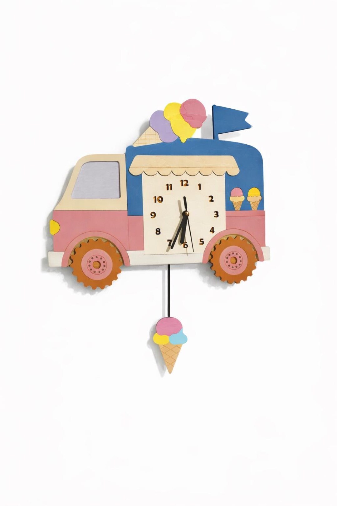 Ice Cream Truck Wooden Wall Clock for Kids, Cute Pendulum Nursery Clock ...