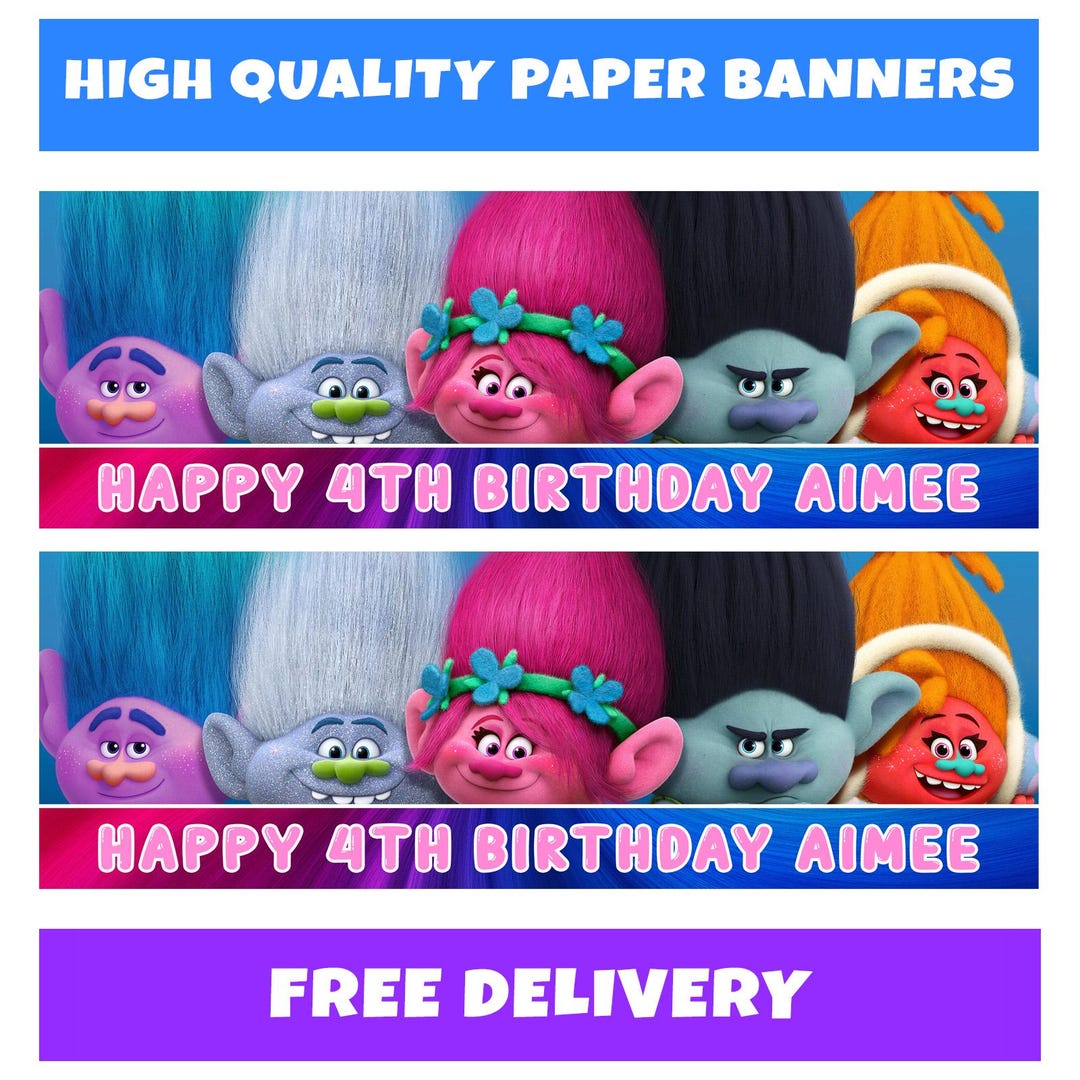 TROLLS MOVIE Personalised Birthday Banners - Trolls Birthday Banners ...