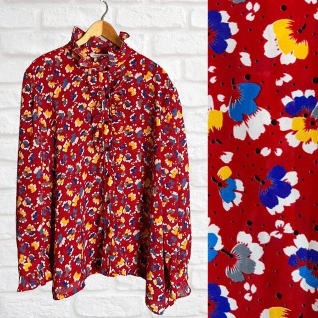 Vintage 1980's Red Pattern Ruffle Collar Blouse Long Sleeve Women's ...